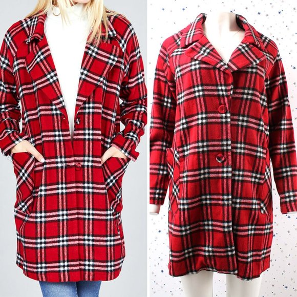 Active USA | Jackets & Coats | Single Breasted Plaid Pea Coat Jacket Redblack | Poshmark